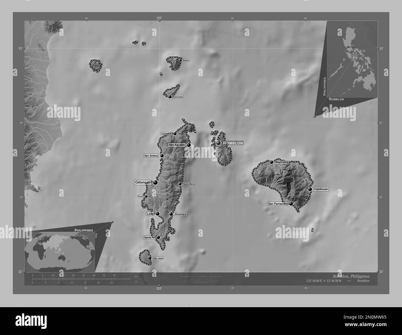 Romblon, province of Philippines. Grayscale elevation map with lakes ...