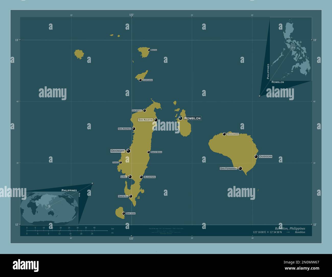 Romblon, province of Philippines. Solid color shape. Locations and ...