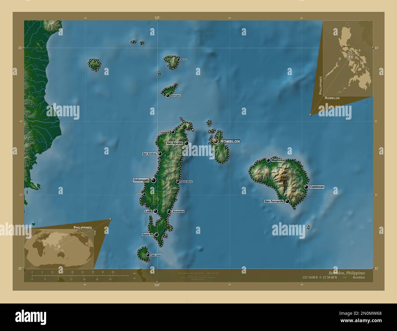 Romblon, province of Philippines. Colored elevation map with lakes and ...