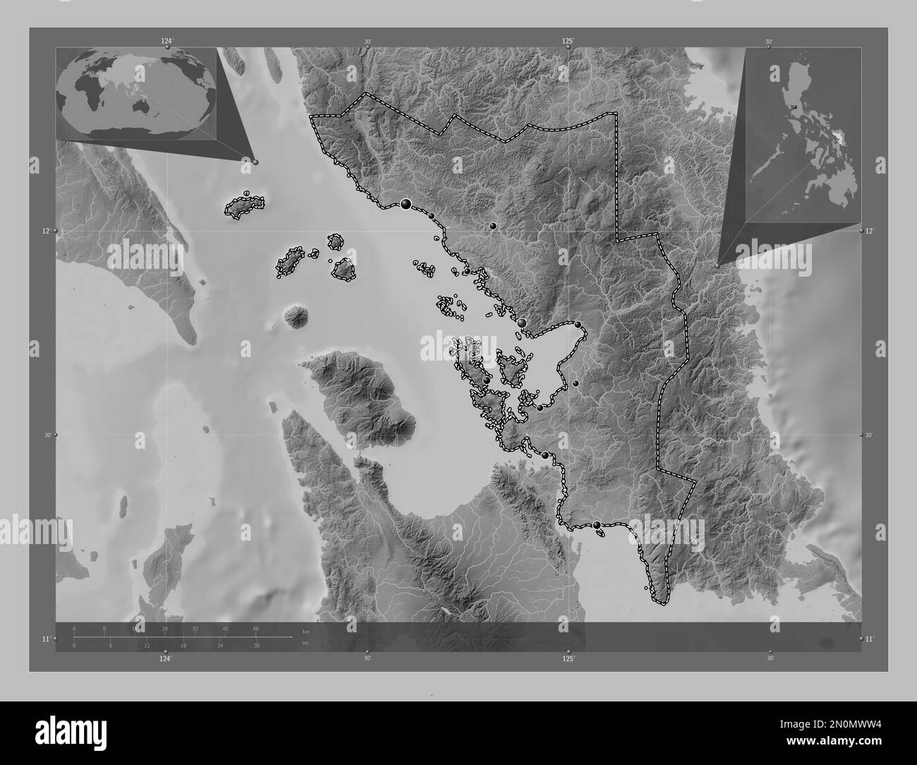 Samar, province of Philippines. Grayscale elevation map with lakes and ...