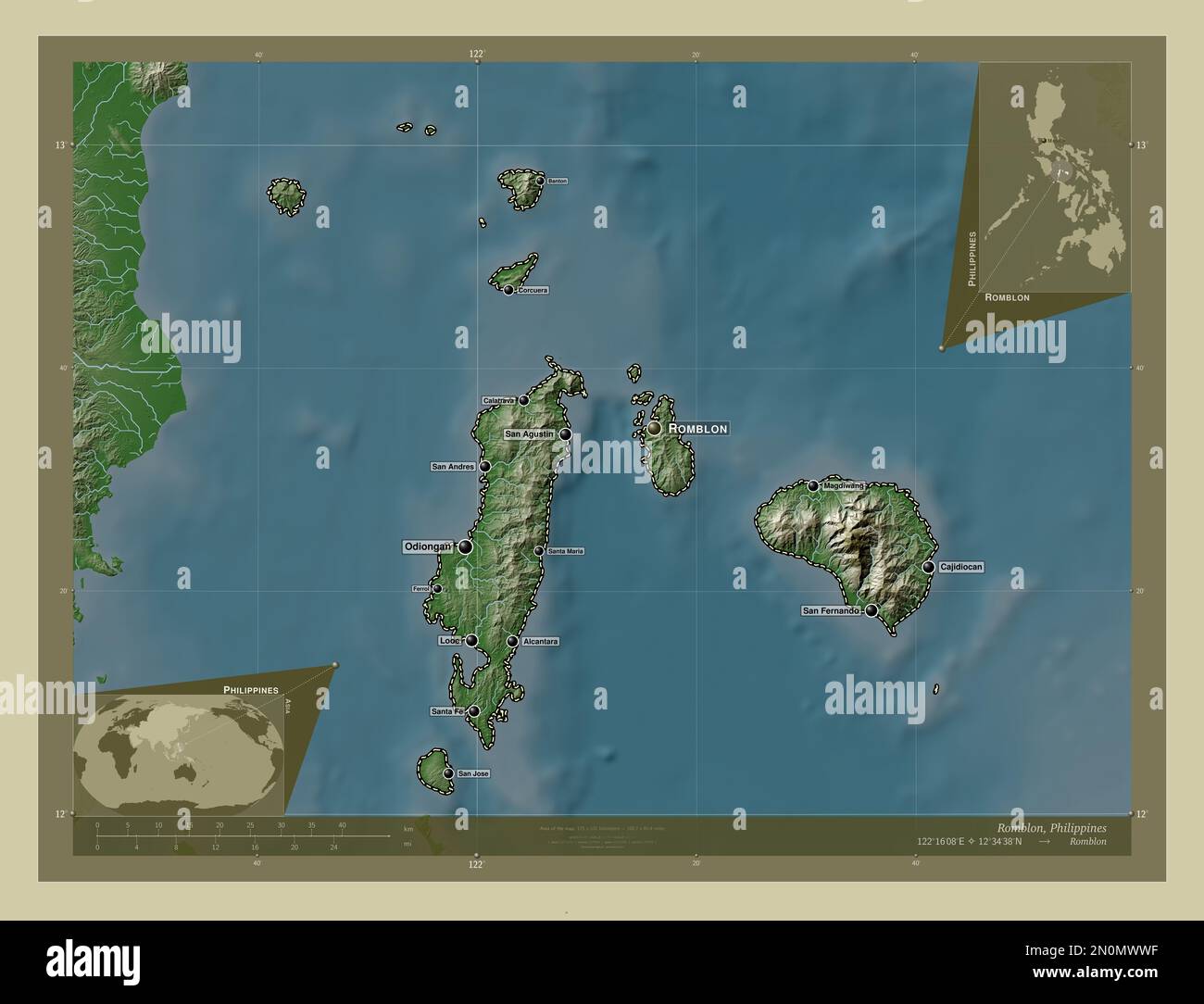 Romblon, province of Philippines. Elevation map colored in wiki style ...