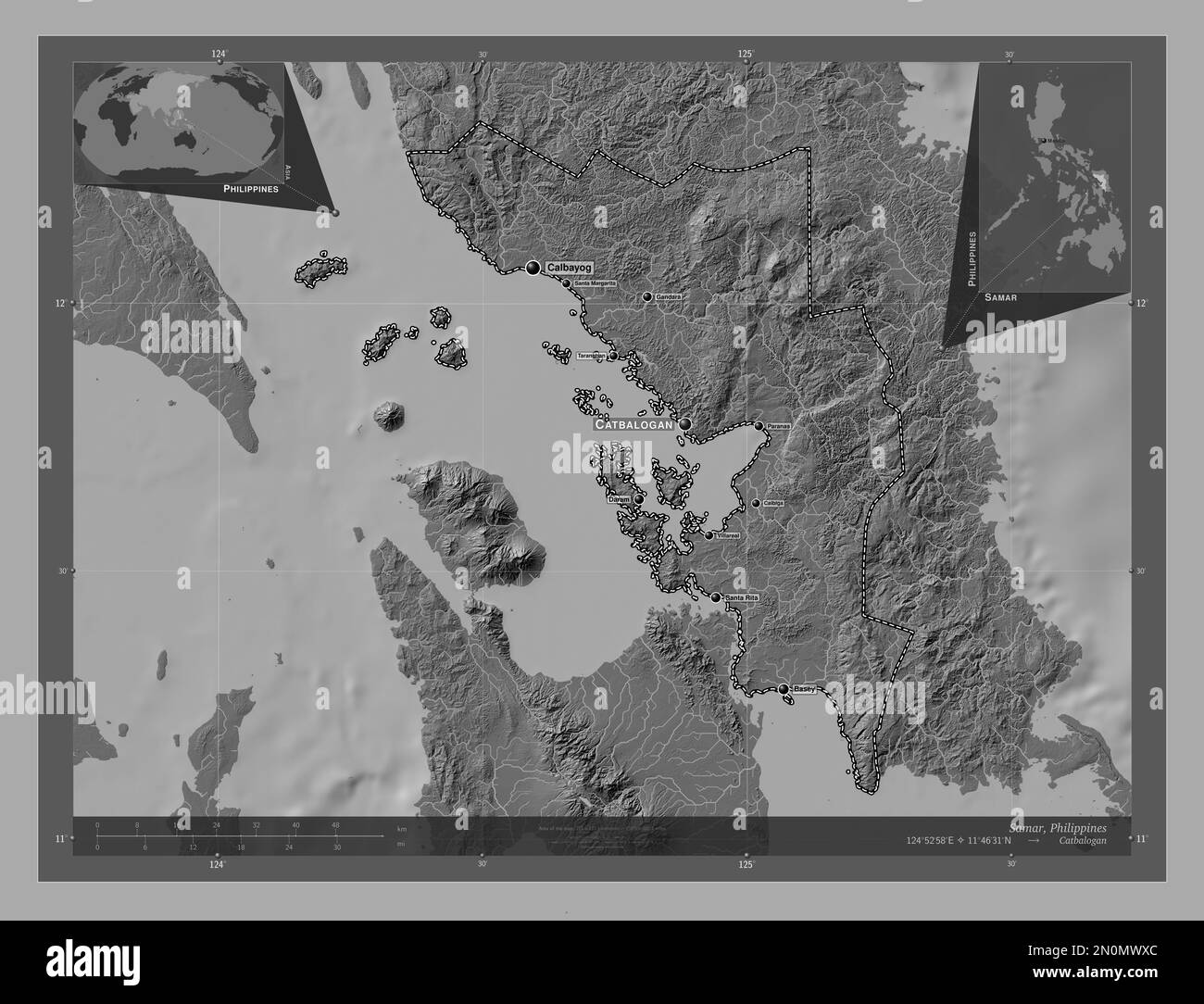 Samar, province of Philippines. Bilevel elevation map with lakes and ...