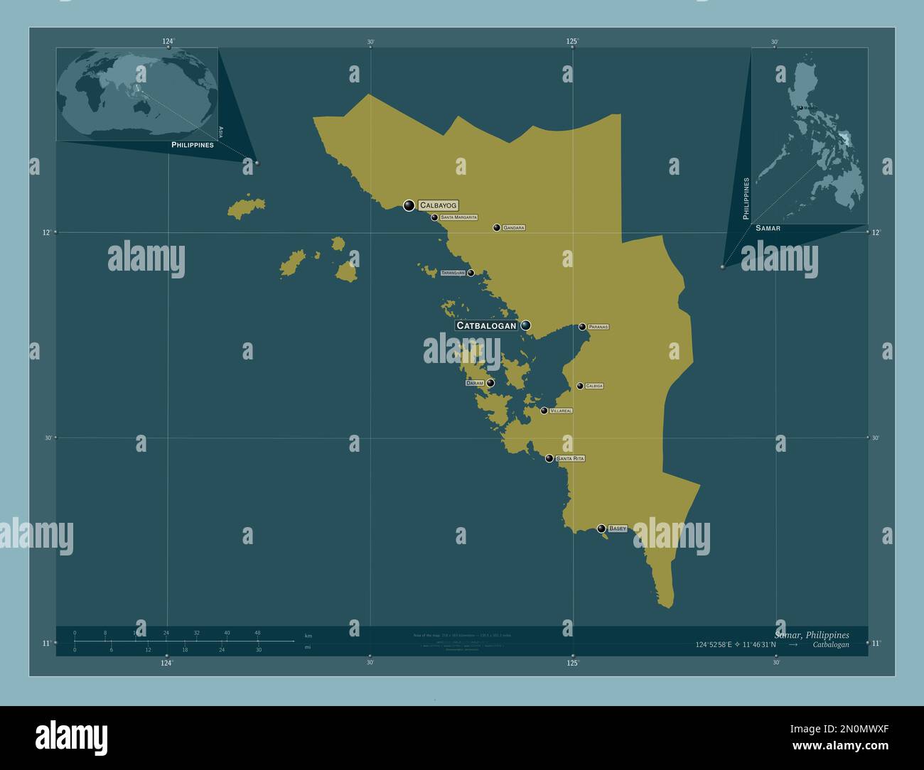 Samar, province of Philippines. Solid color shape. Locations and names ...