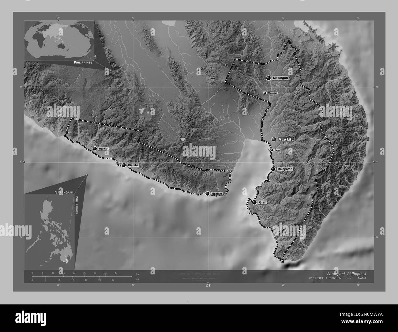 Sarangani, province of Philippines. Grayscale elevation map with lakes ...