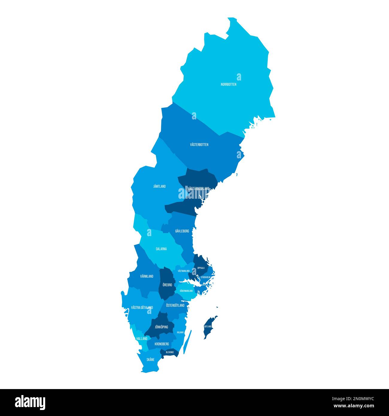 Sweden political map of administrative divisions - counties. Flat blue ...