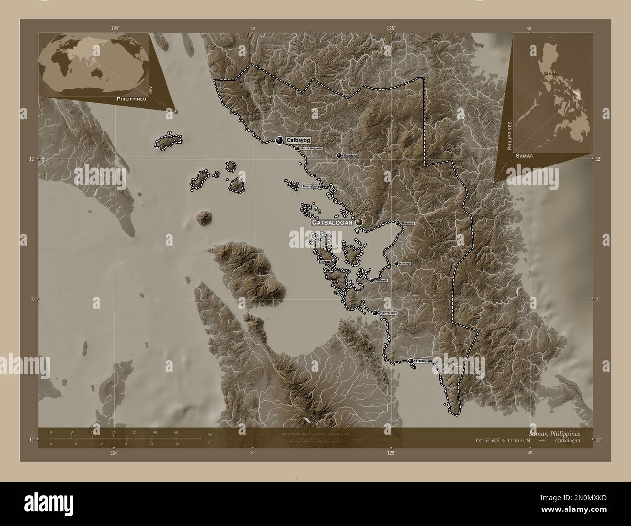 Samar, province of Philippines. Elevation map colored in sepia tones ...