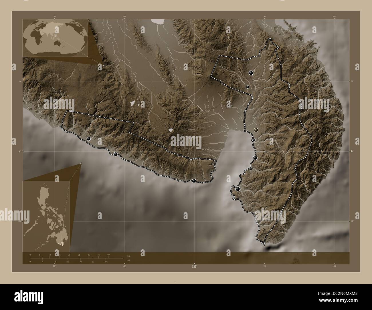 Sarangani, province of Philippines. Elevation map colored in sepia ...