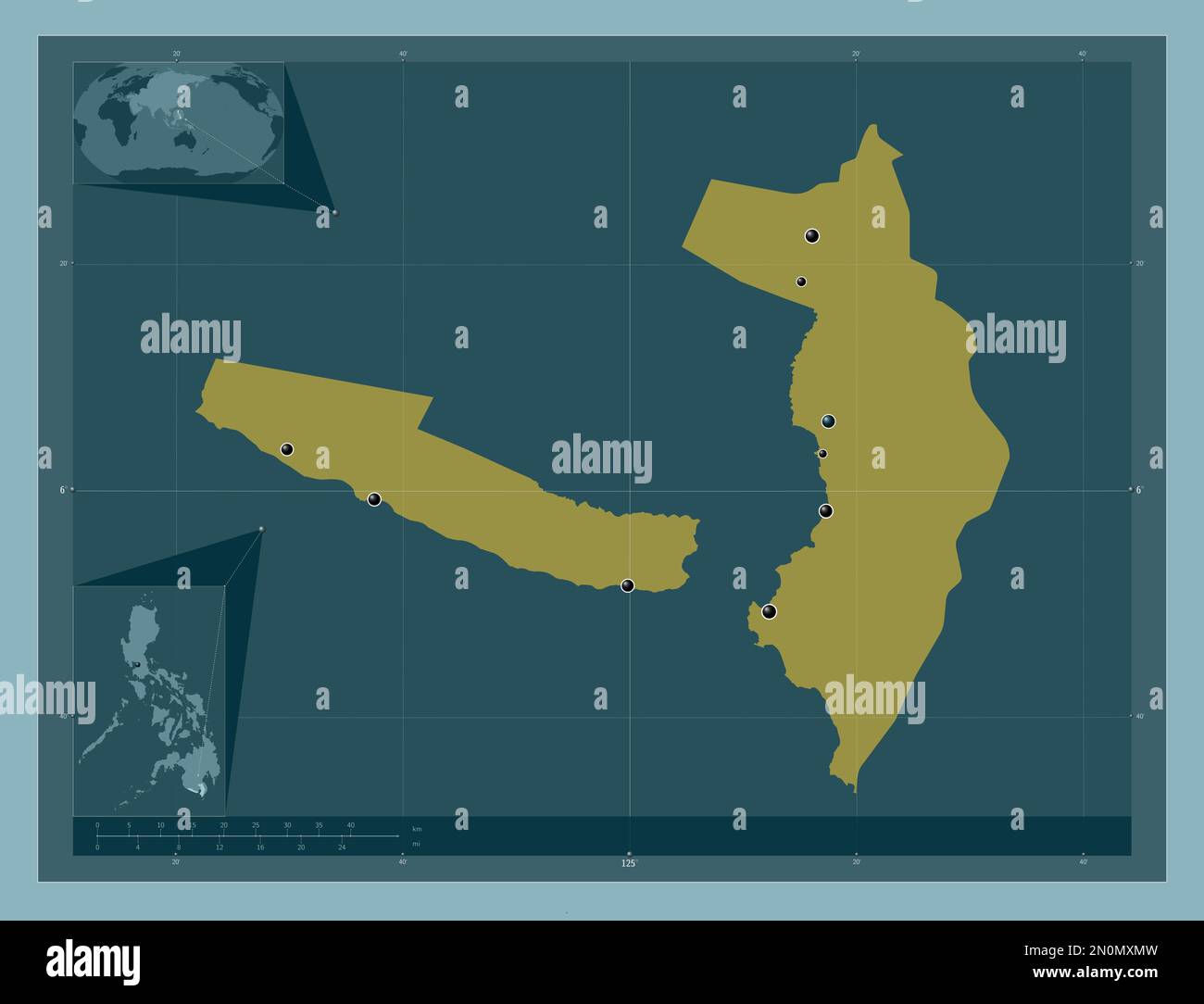 Sarangani, province of Philippines. Solid color shape. Locations of ...