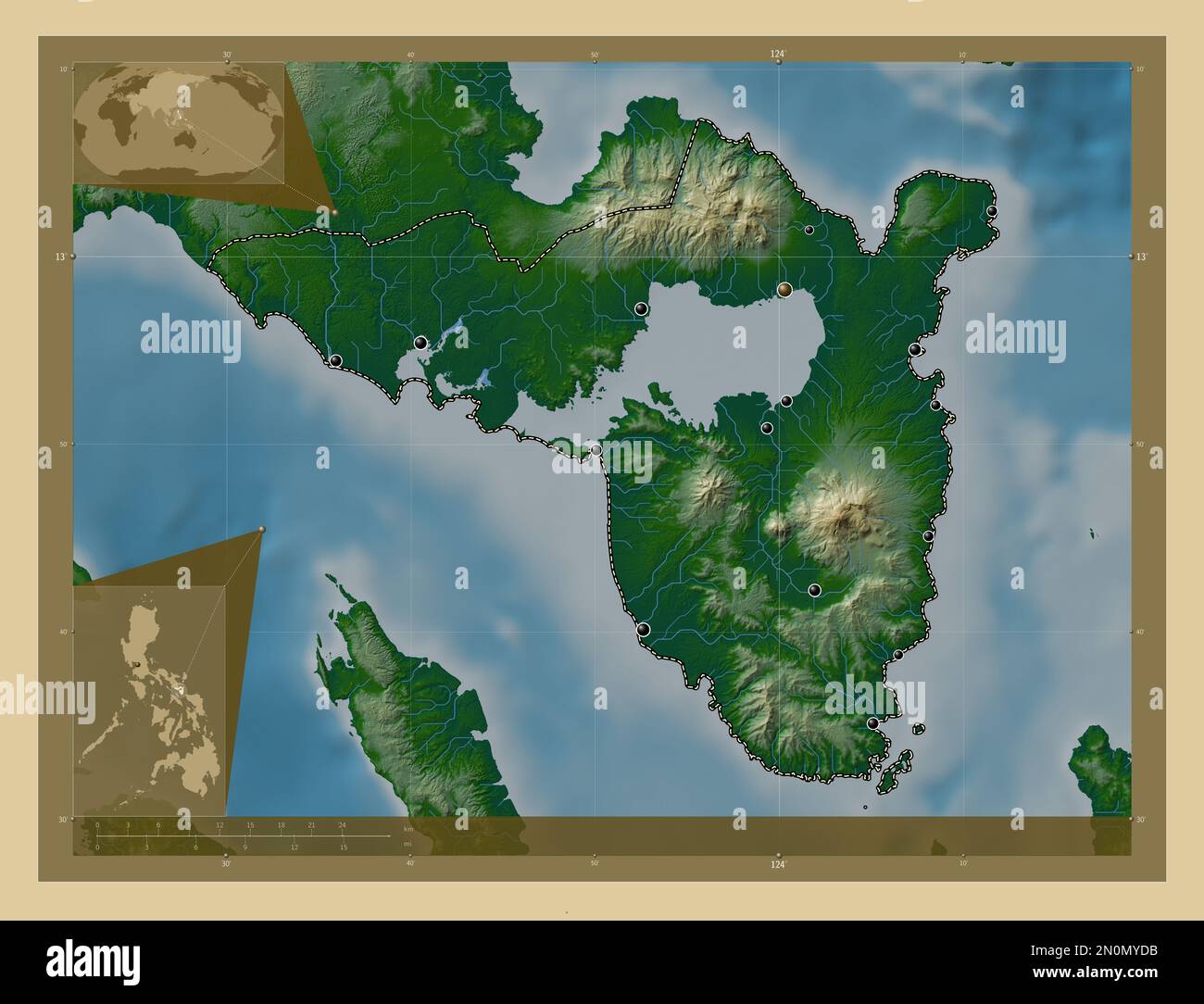 Sorsogon, province of Philippines. Colored elevation map with lakes and ...