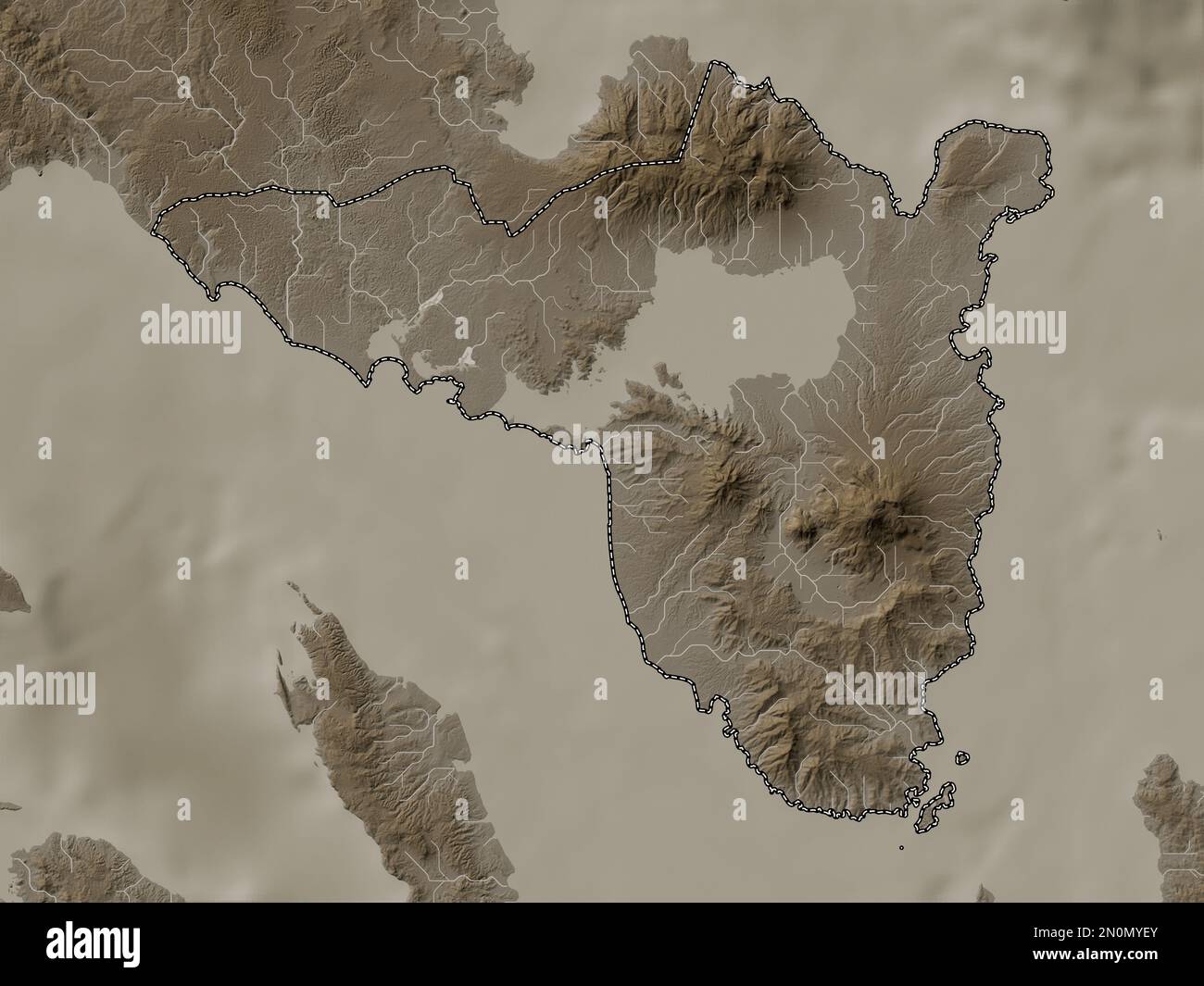 Sorsogon, province of Philippines. Elevation map colored in sepia tones ...