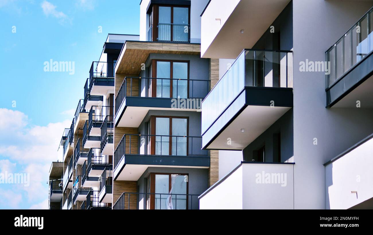 Cityscape with facade of a modern residential building. Modern European ...