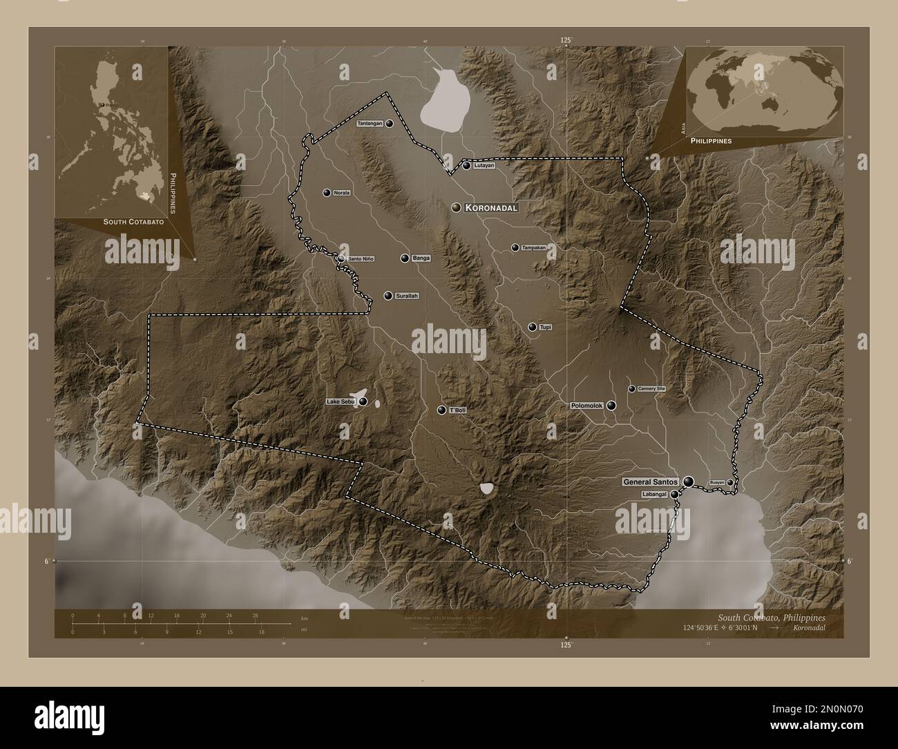 South Cotabato, province of Philippines. Elevation map colored in sepia ...