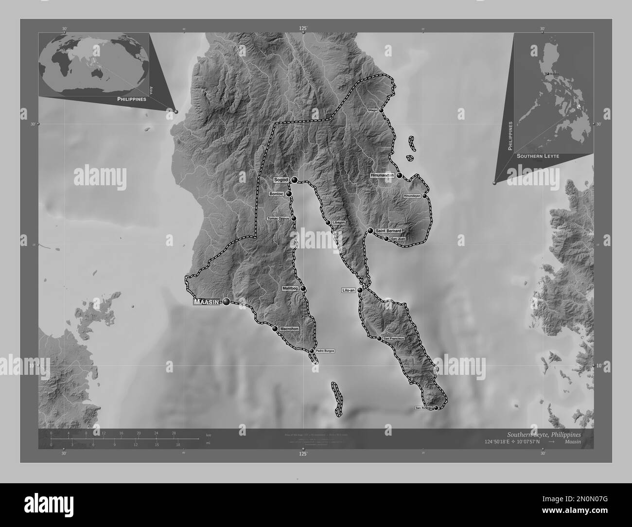 Southern Leyte, province of Philippines. Grayscale elevation map with ...