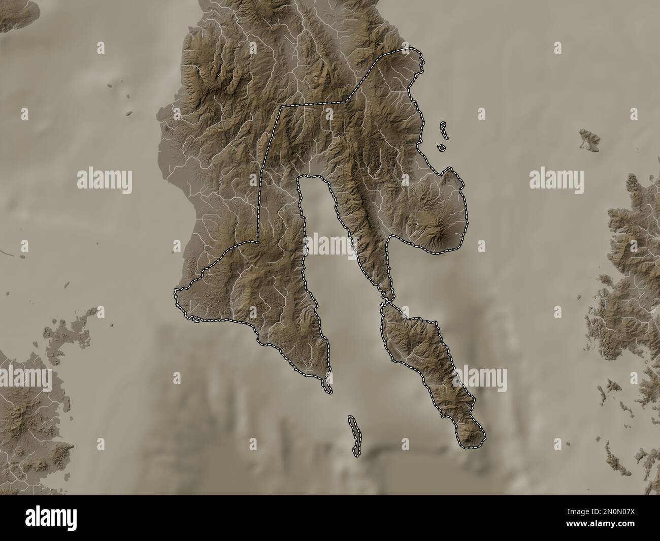 Southern Leyte, province of Philippines. Elevation map colored in sepia ...