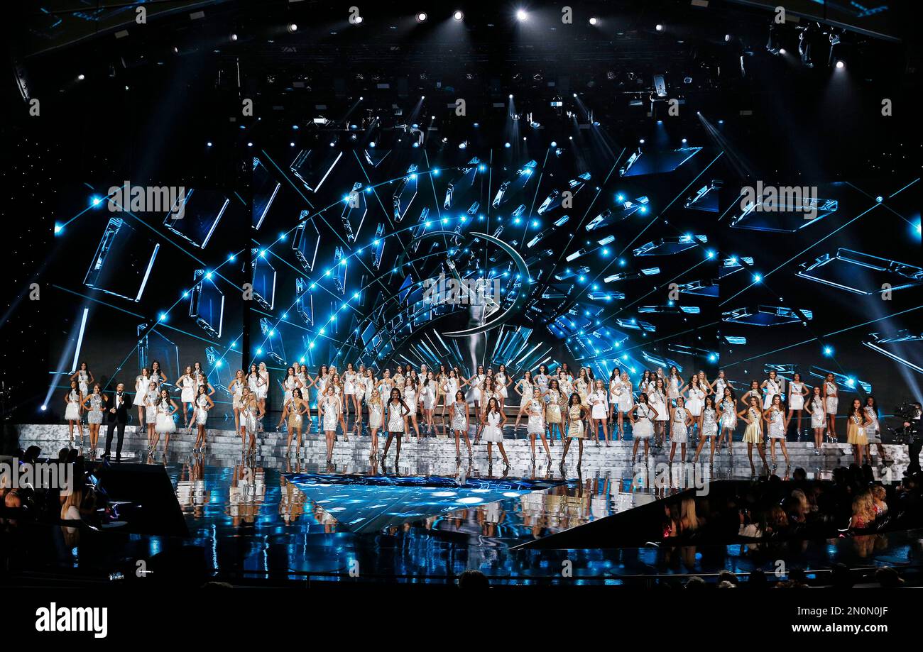 Contestants pose on stage at the Miss Universe pageant Sunday, Dec. 20 ...