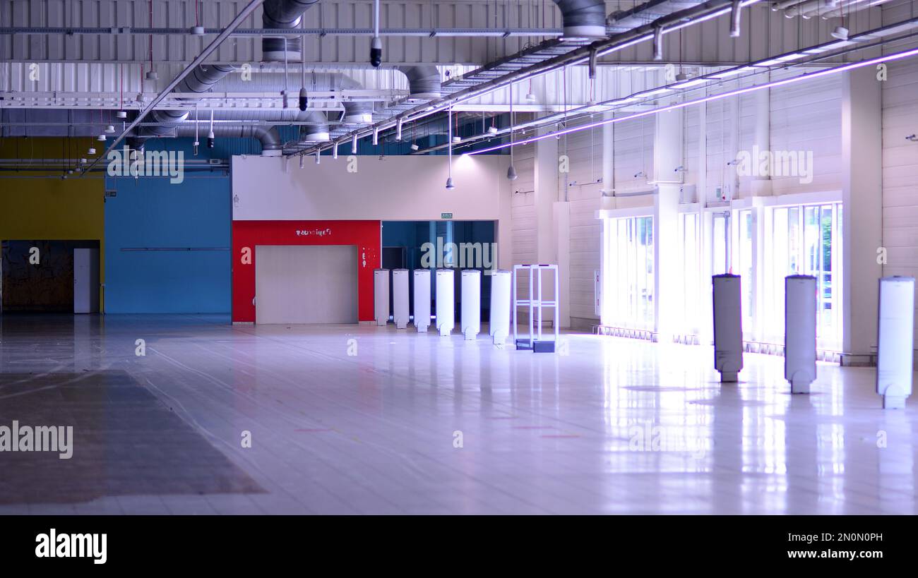 Supermarket going out of business. Interior of a closed big supermarket ...