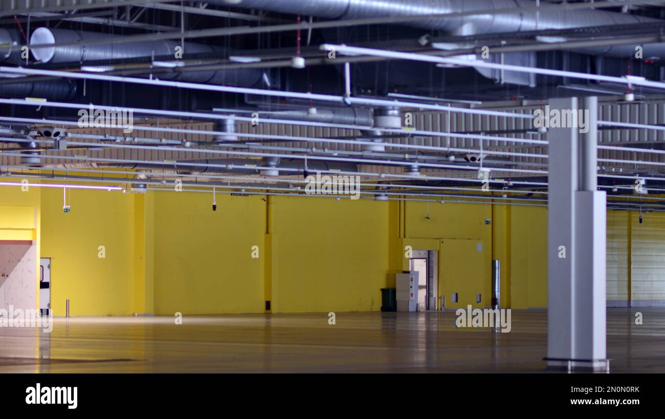 Supermarket going out of business. Interior of a closed big supermarket ...