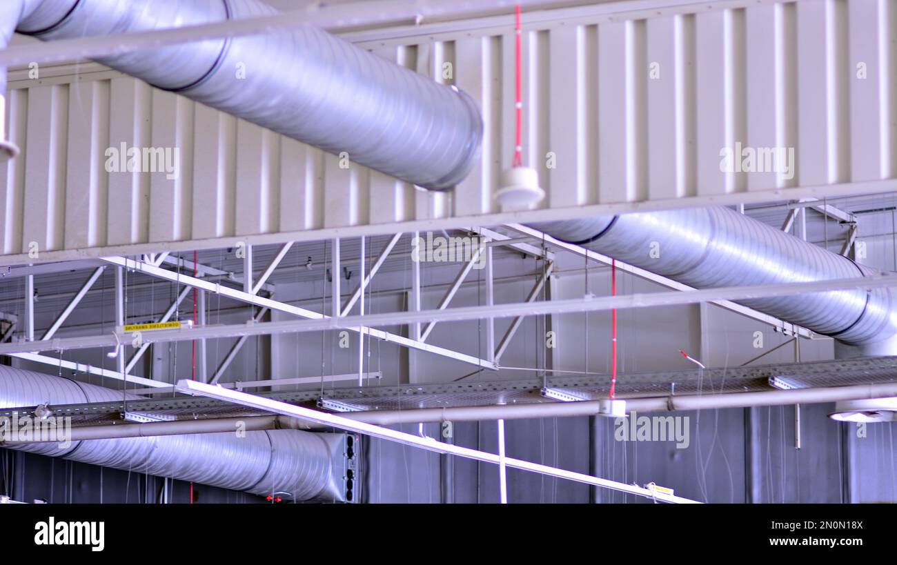 Lights and ventilation system on ceiling of the supermarket hall ...