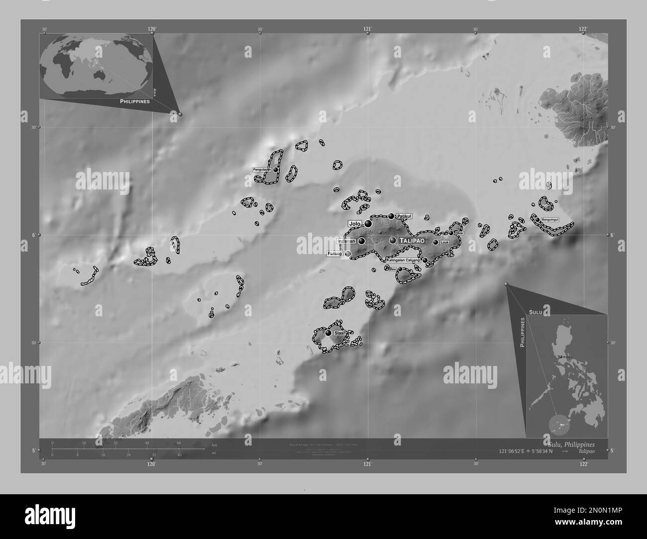 Sulu, province of Philippines. Grayscale elevation map with lakes and ...