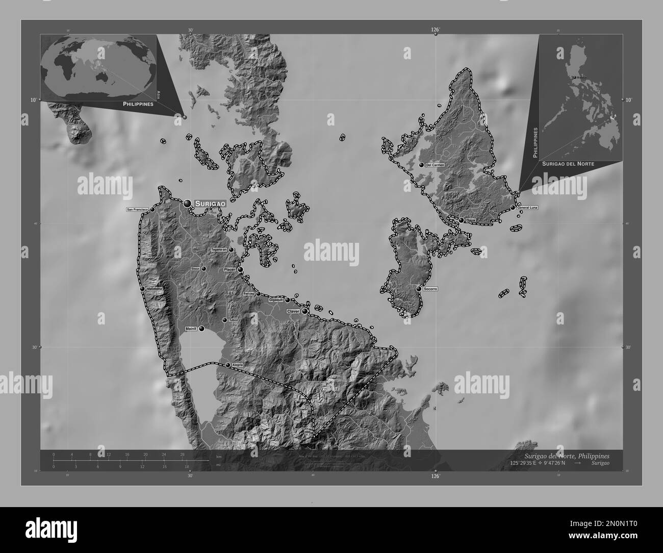 Surigao del Norte, province of Philippines. Bilevel elevation map with ...