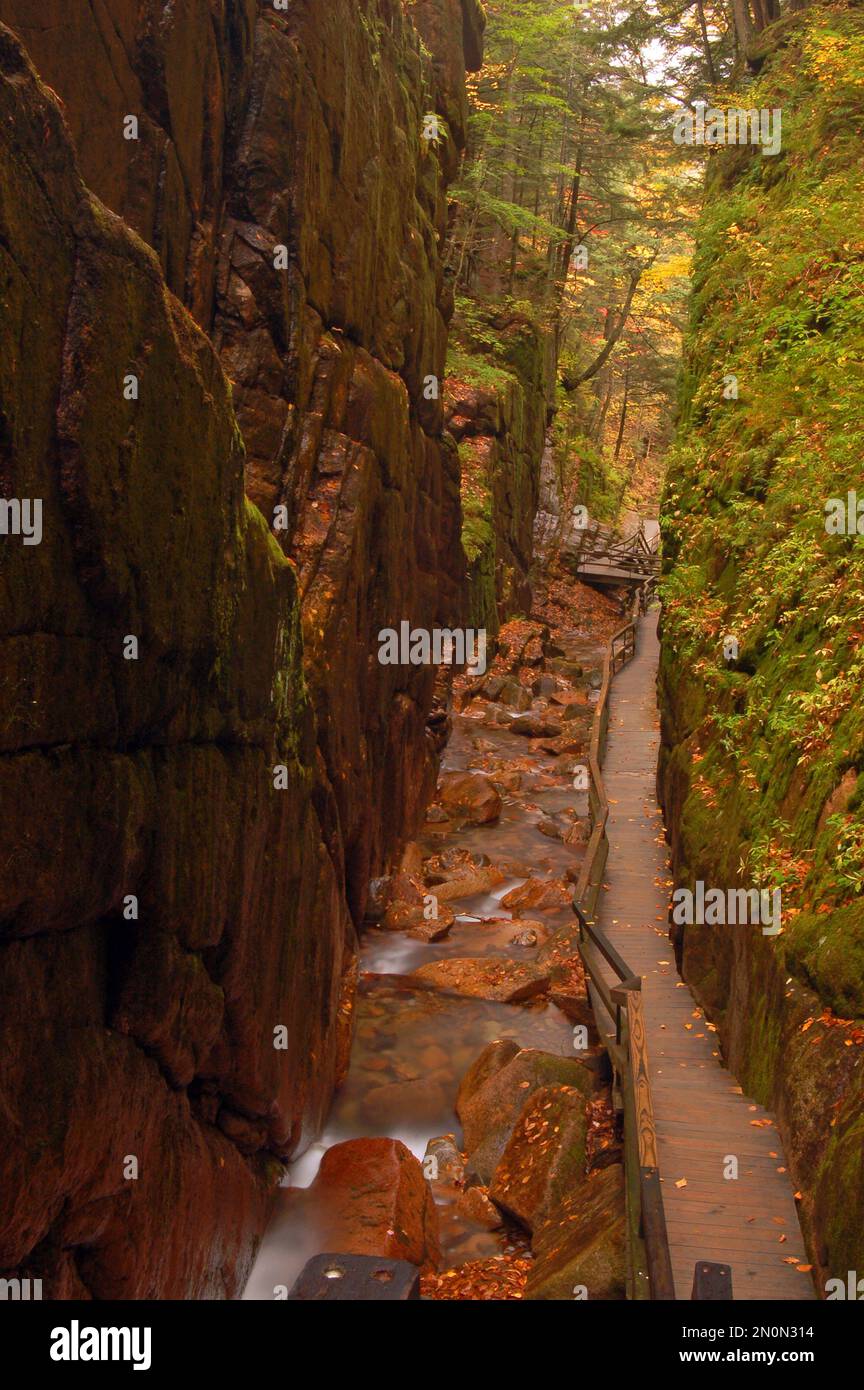 A boardwalk leads hikers through the Flume Gorge in New Hampshire Stock Photo - Alamy