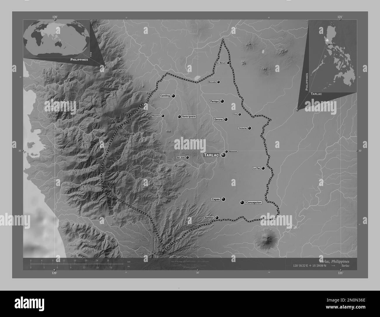 Tarlac, province of Philippines. Grayscale elevation map with lakes and ...