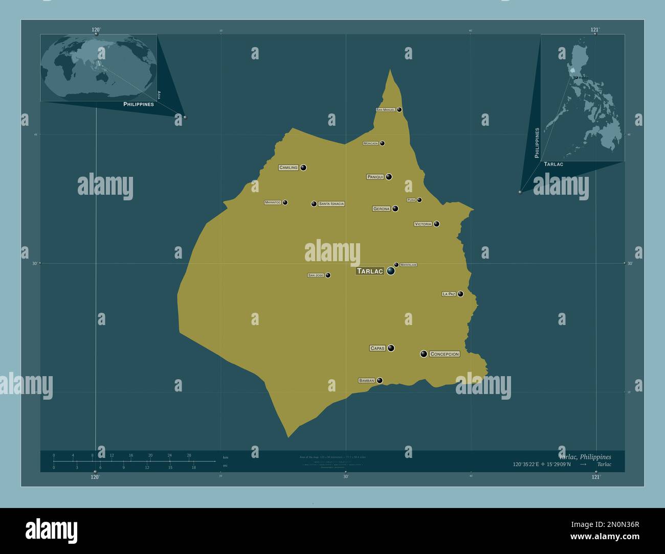 Tarlac, province of Philippines. Solid color shape. Locations and names ...