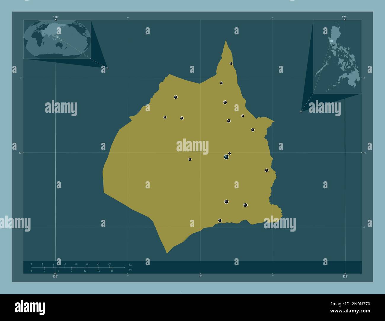Tarlac, province of Philippines. Solid color shape. Locations of major ...