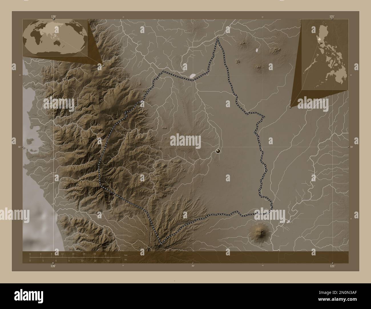 Tarlac, province of Philippines. Elevation map colored in sepia tones ...