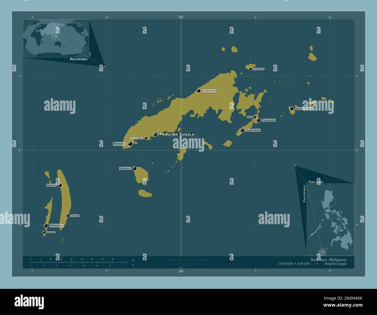 Tawi-Tawi, province of Philippines. Solid color shape. Locations and ...