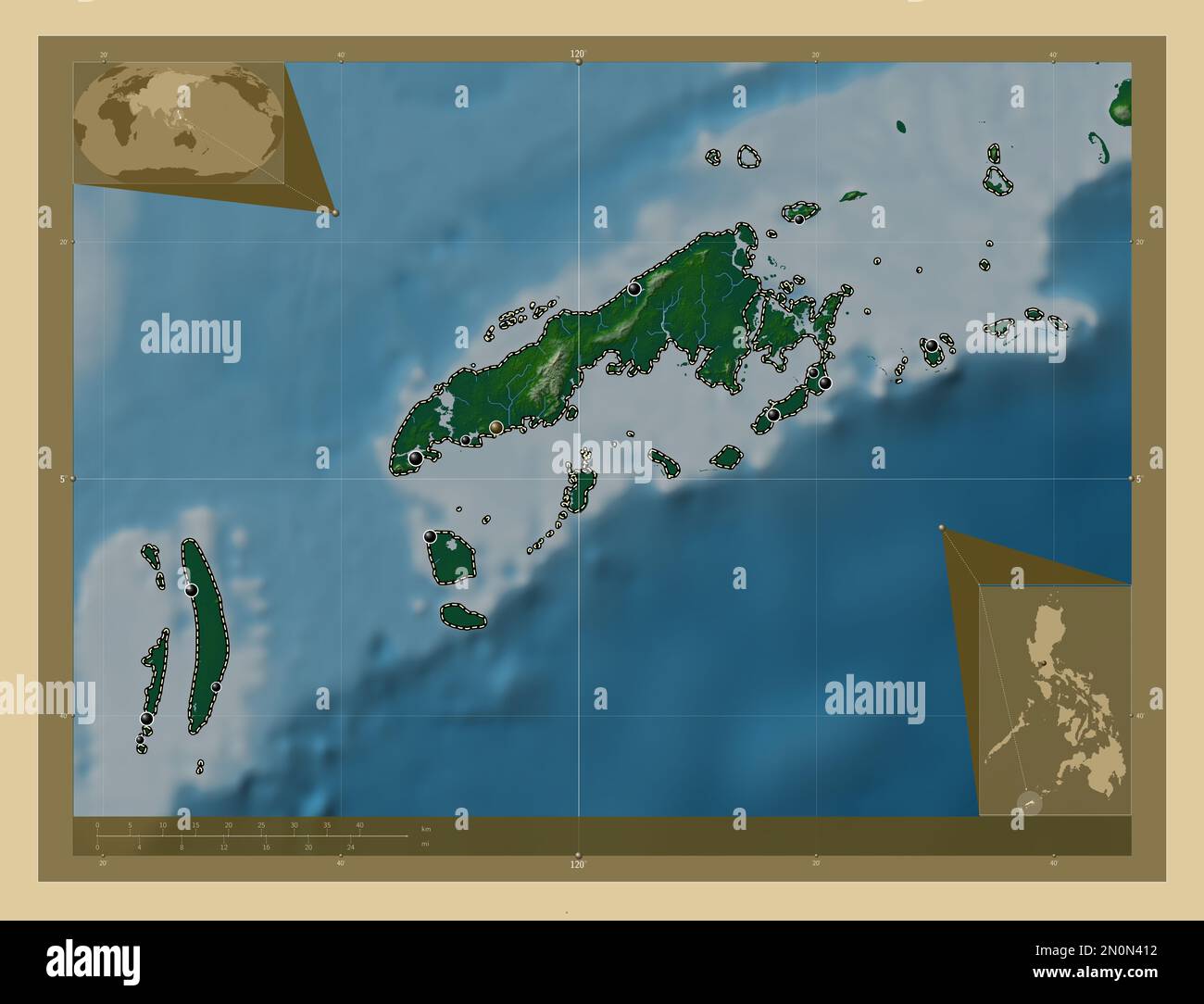Tawi-Tawi, province of Philippines. Colored elevation map with lakes ...