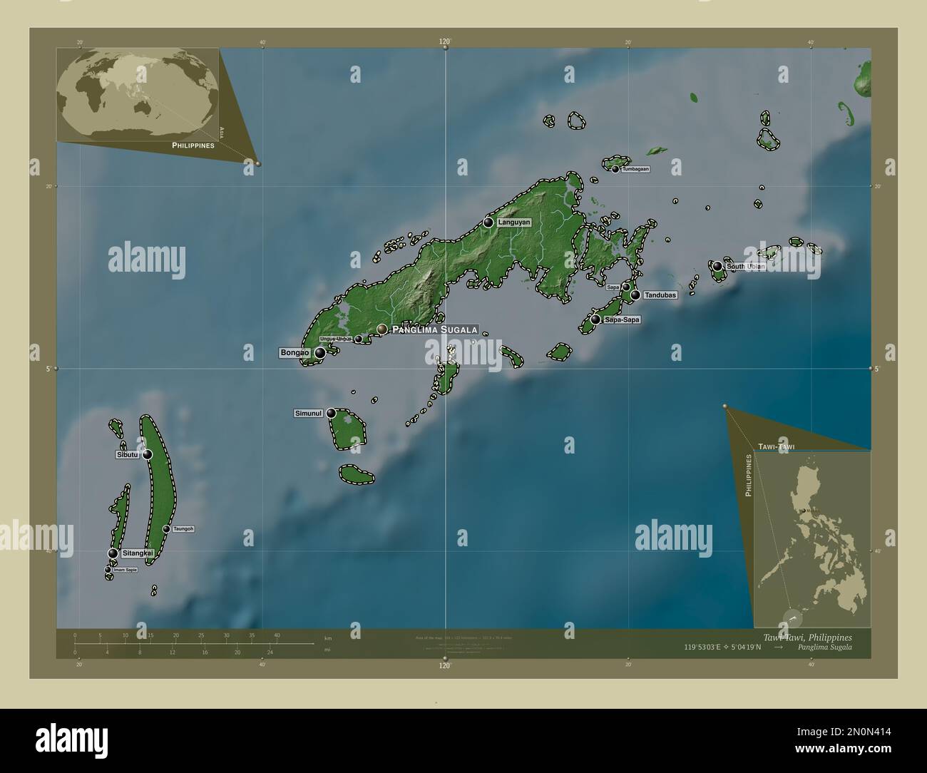 Tawi-Tawi, province of Philippines. Elevation map colored in wiki style ...