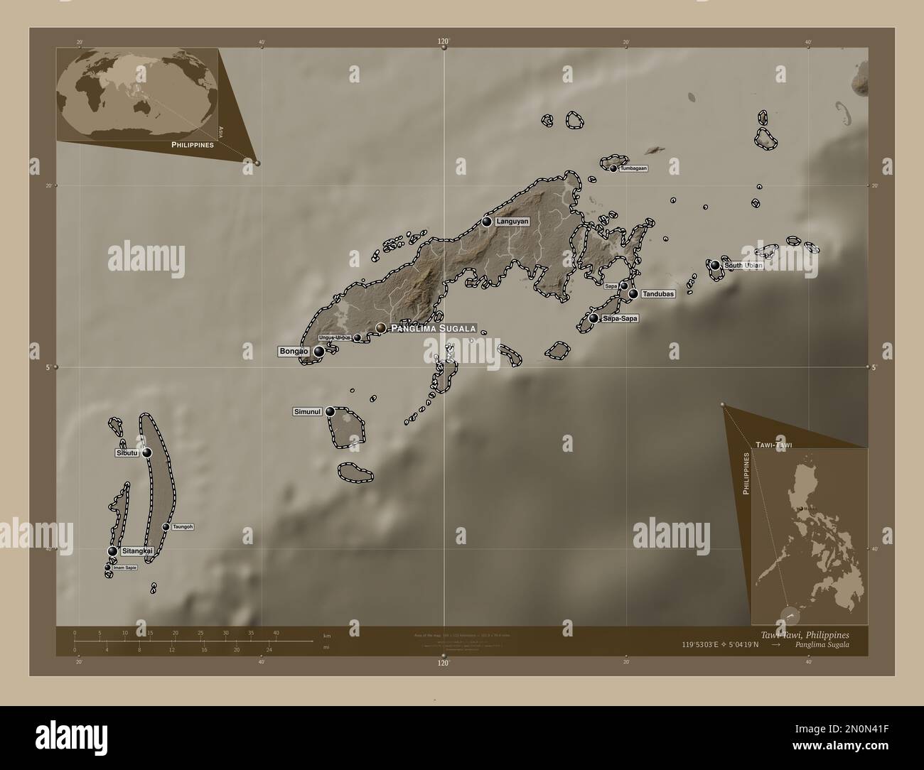 Tawi-Tawi, province of Philippines. Elevation map colored in sepia ...