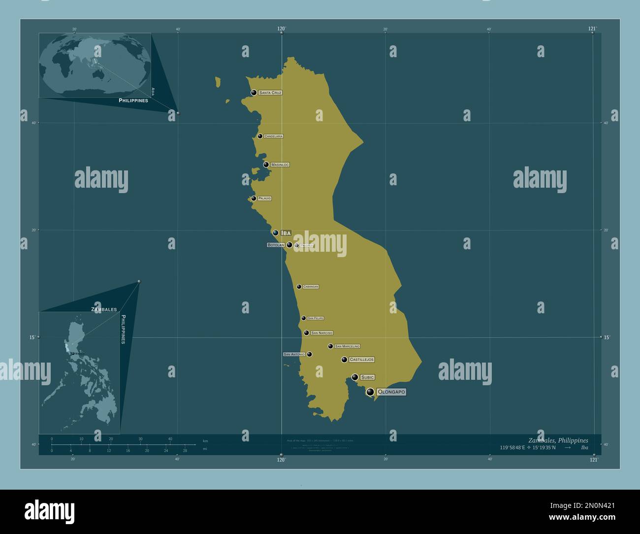 Zambales, province of Philippines. Solid color shape. Locations and ...