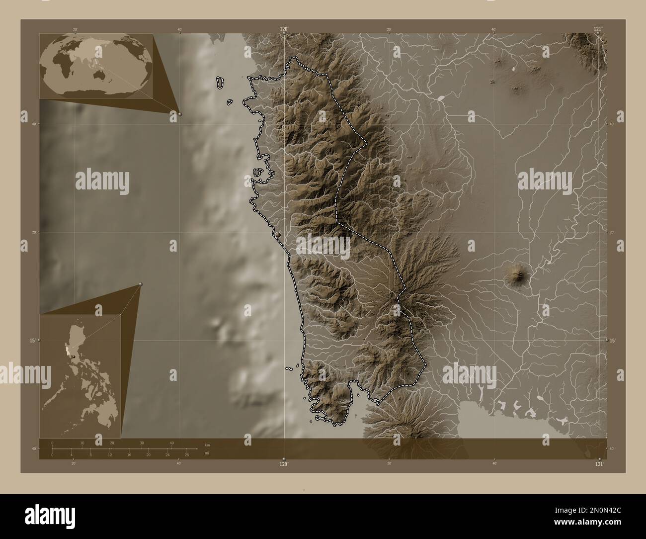 Zambales, province of Philippines. Elevation map colored in sepia tones ...
