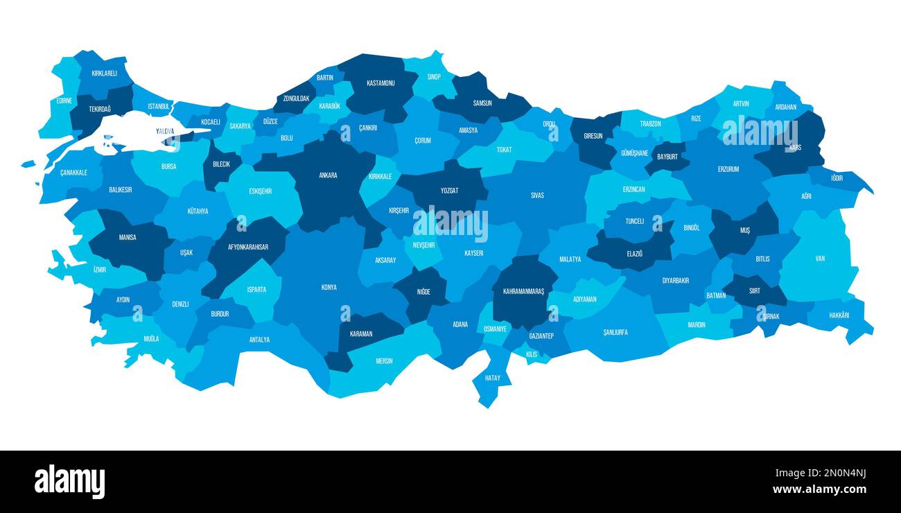 Turkey political map of administrative divisions - provinces. Flat blue ...