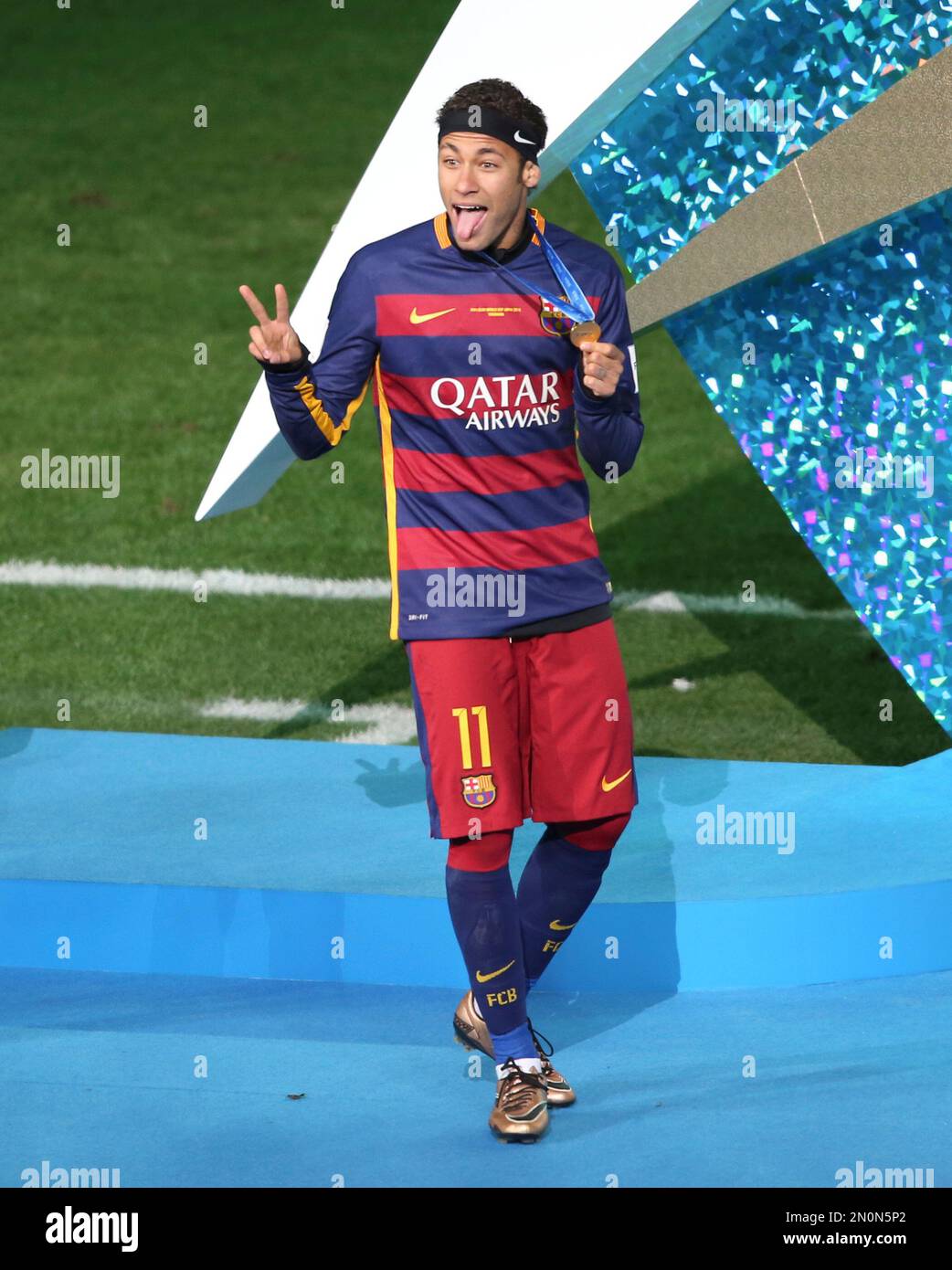 FC Barcelona’s Neymar appears for an award ceremony after his team ...