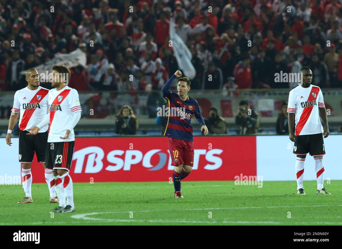 FC Barcelona’s Lionel Messi, center right, is reacts after scoring ...