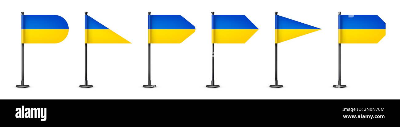 Realistic various Ukrainian table flags on a black steel pole. Souvenir ...