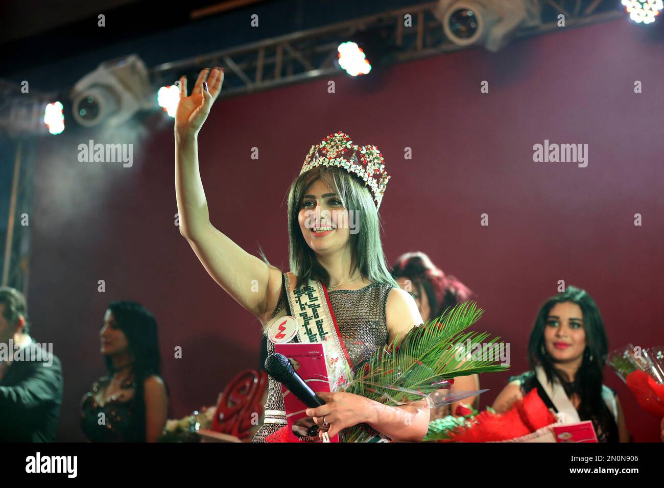 Newly crowned Miss Iraq Shaima Qassim, 20, center, celebrates after the ...