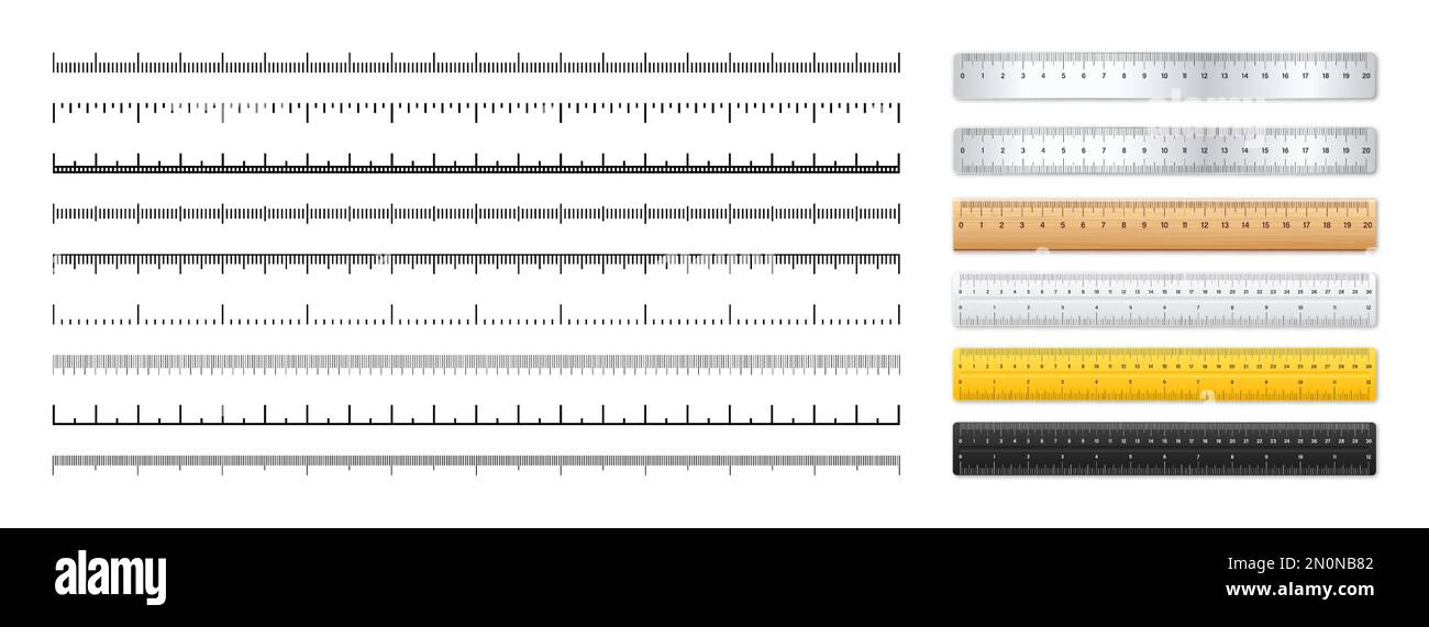 Realistic metal and plastic rulers. Measurement scales with divisions ...