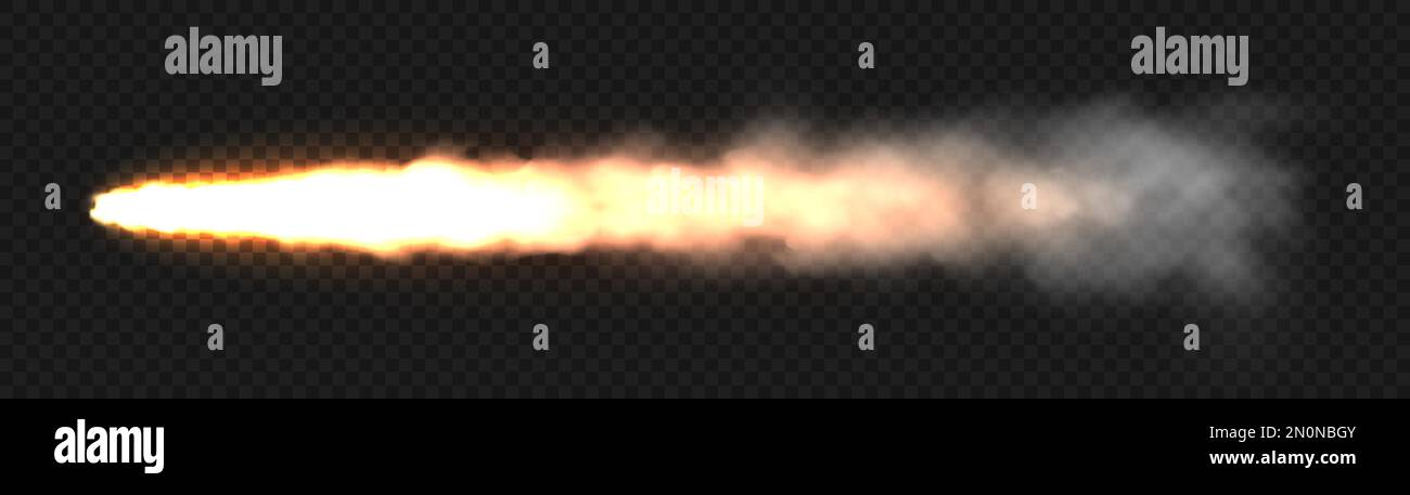 Realistic white smoke with fire, space rocket launch trail. Fire burst ...