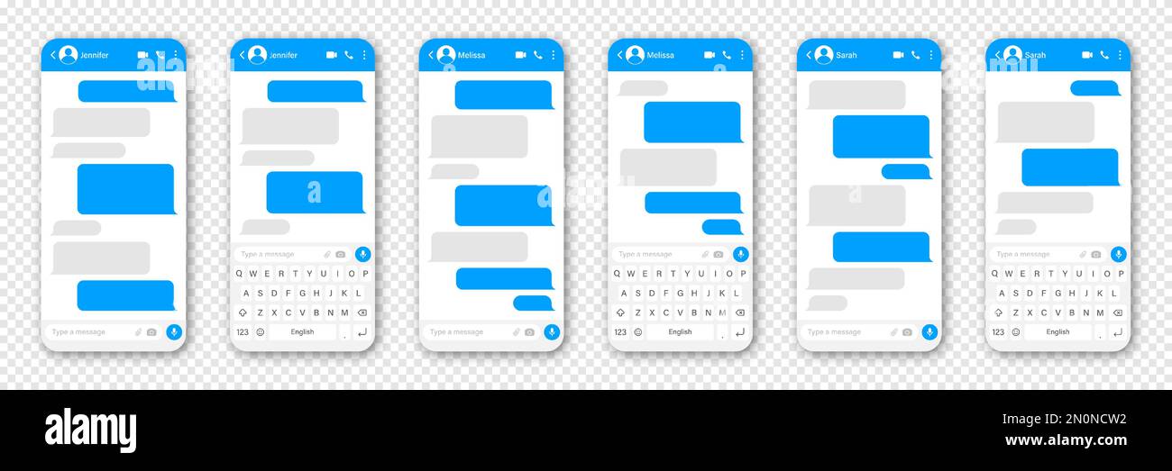 Messaging app design, user interface. Blank SMS text frame. Conversation chat screen with blue ...