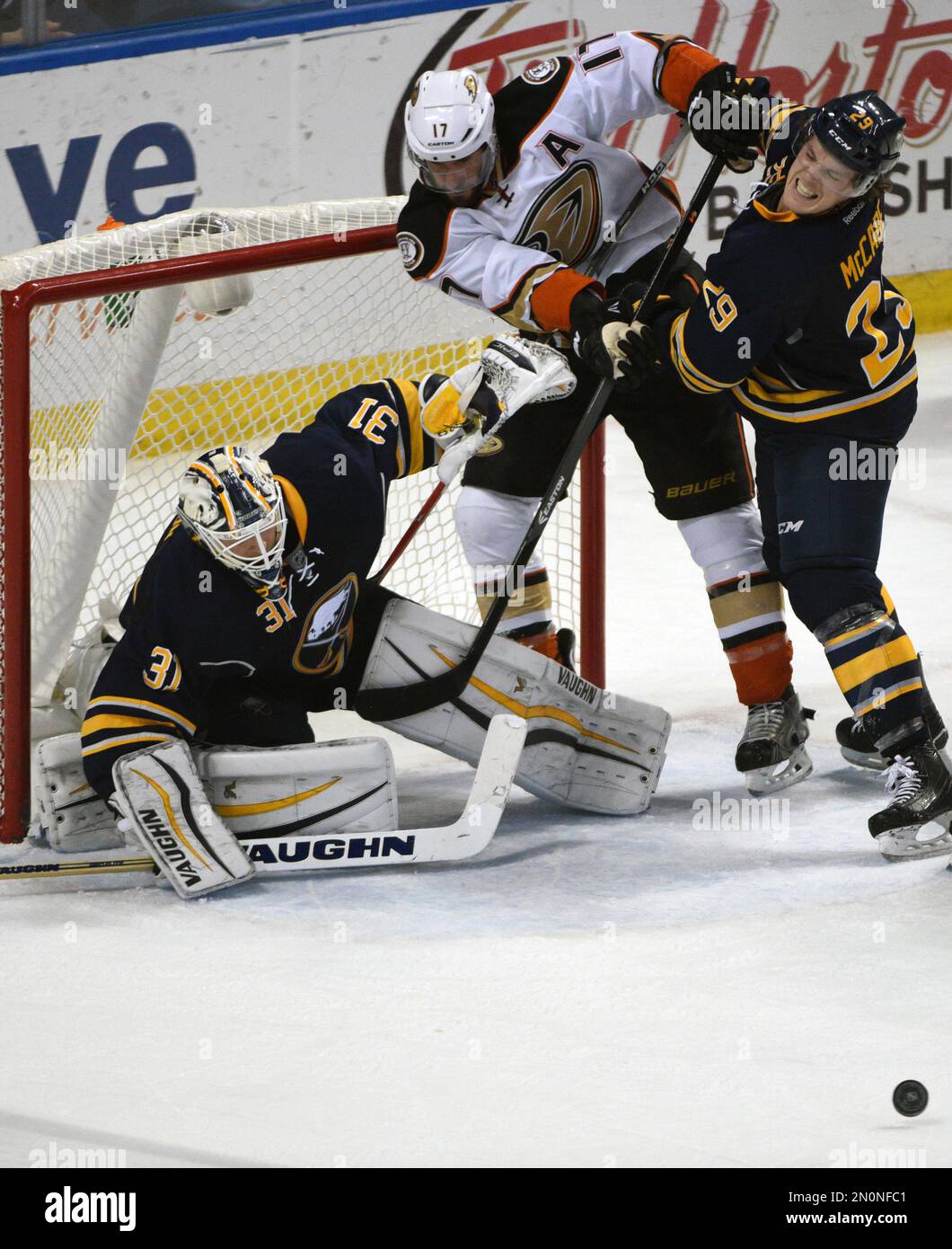 Buffalo Sabres goaltender Chad Johnson (31) makes a save as Anaheim ...