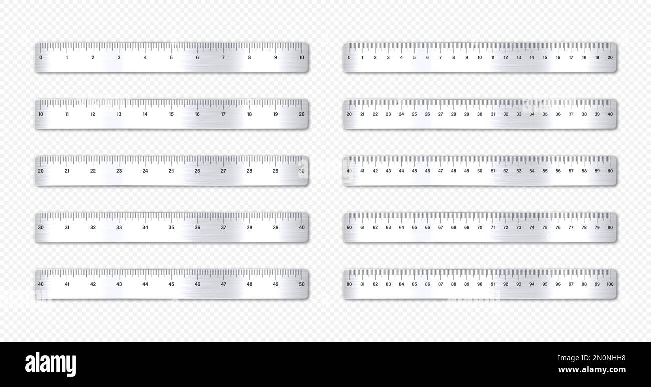 Realistic various brushed metal rulers with measurement scale and ...
