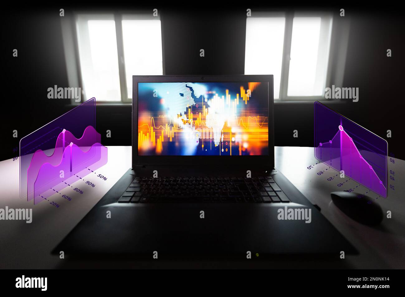 Laptop with abstract forex chart. Digital graph rising and falling ...