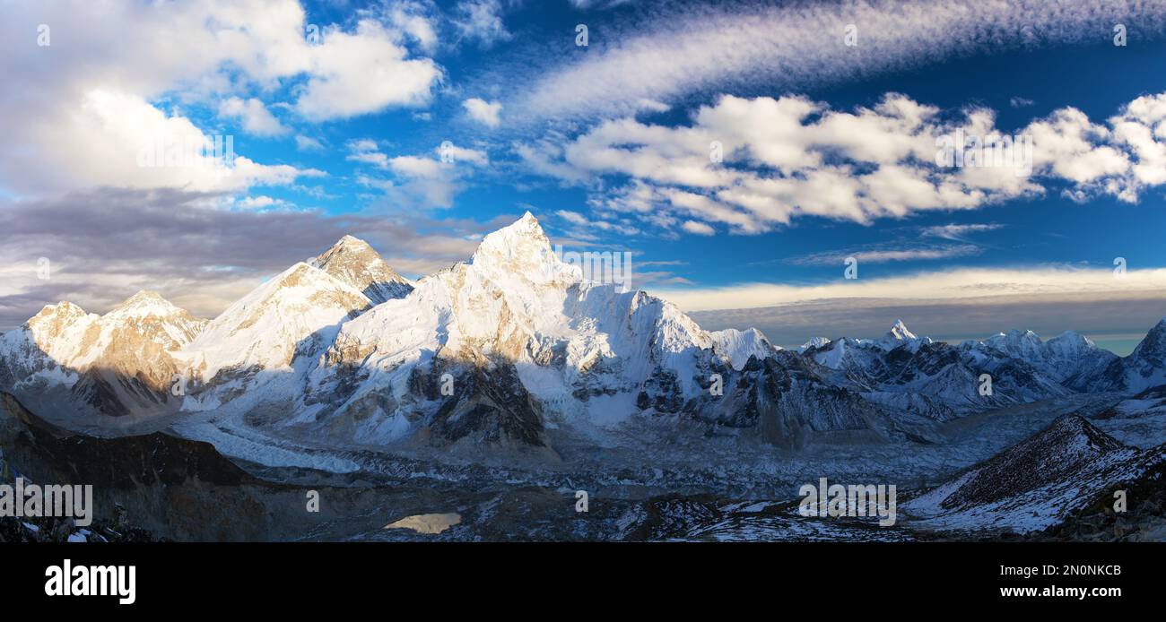 Mount Everest and Nuptse, himalaya, evening panoramic view with ...