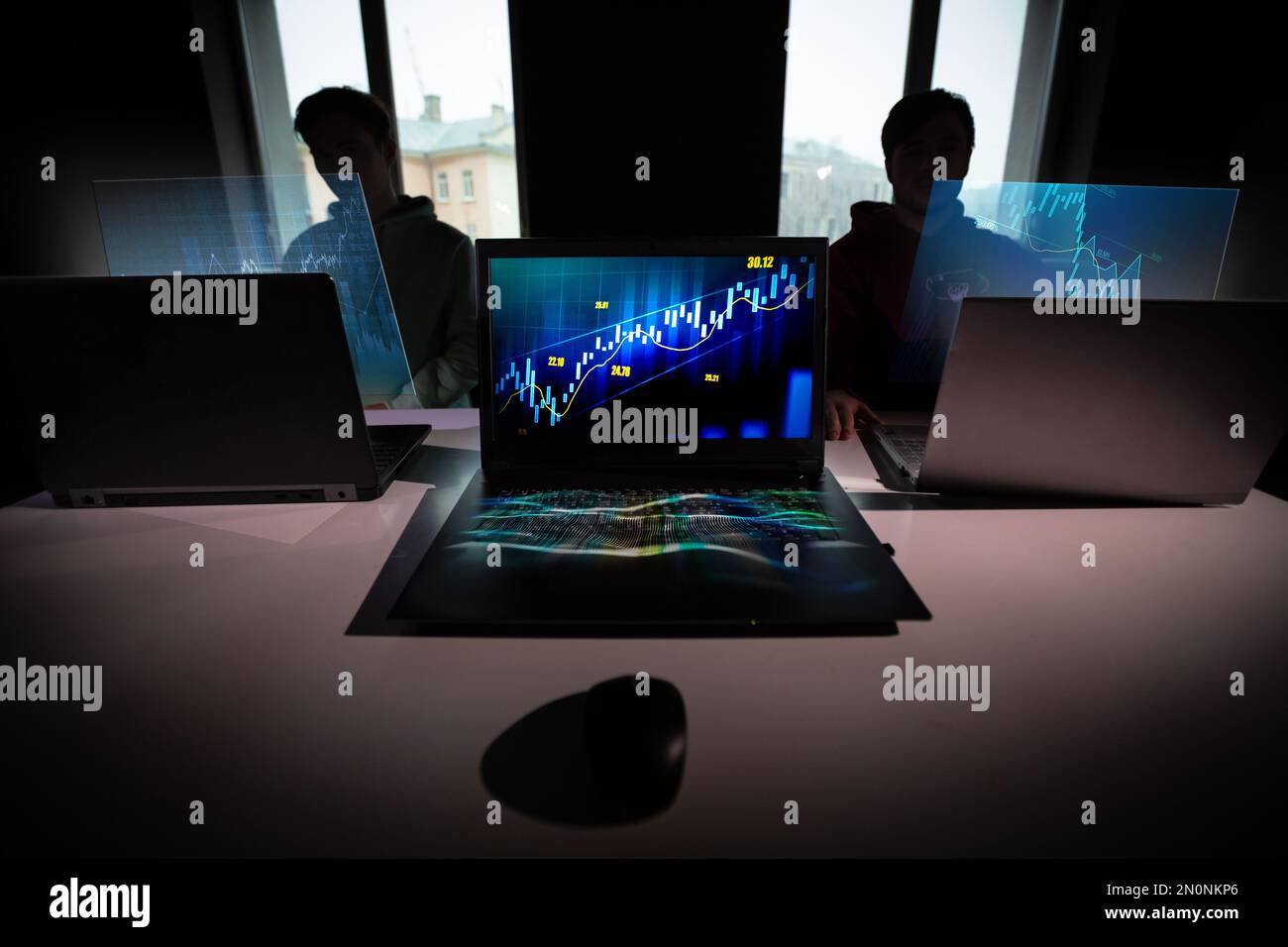 Laptop with abstract forex chart. Digital graph rising and falling ...