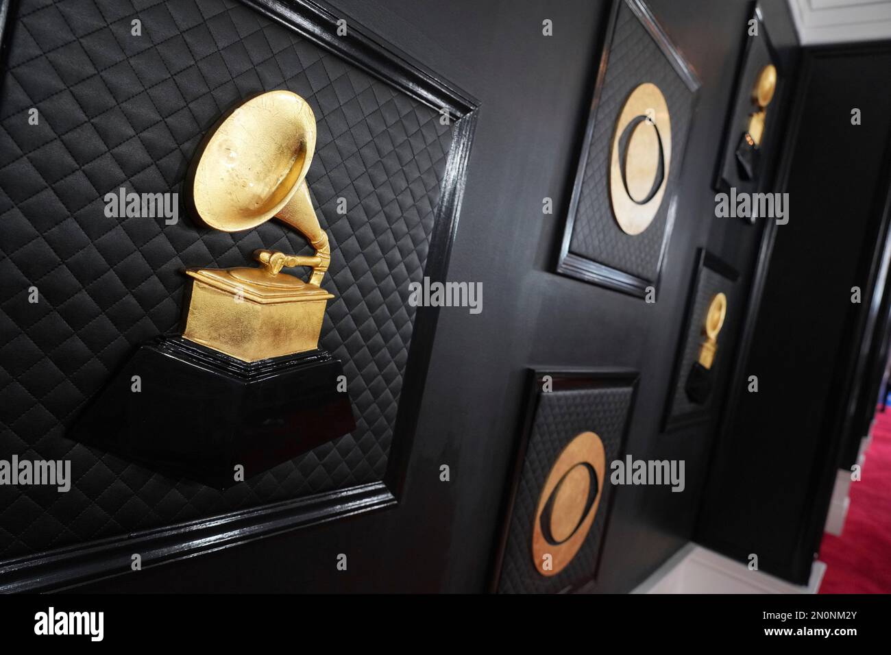 A view of a Grammy statue on the red carpet at the 65th annual Grammy ...