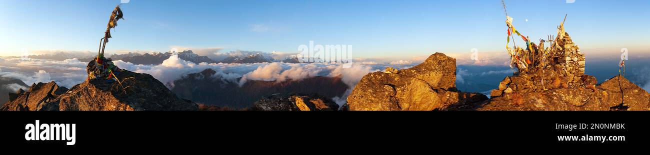 Panorama of Great Himalayan range with mount Makalu, Evening sunsed red ...